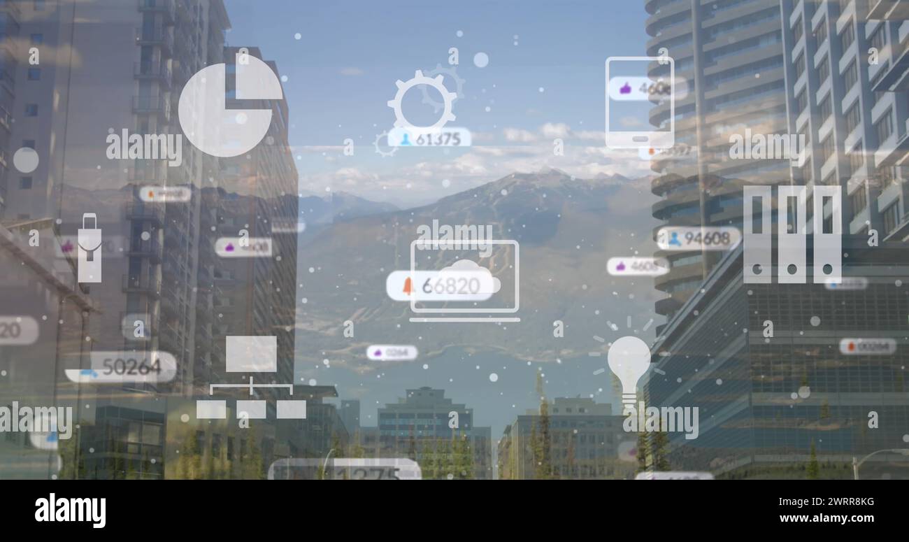 This is a image of statistics and financial icons being animated over a ...