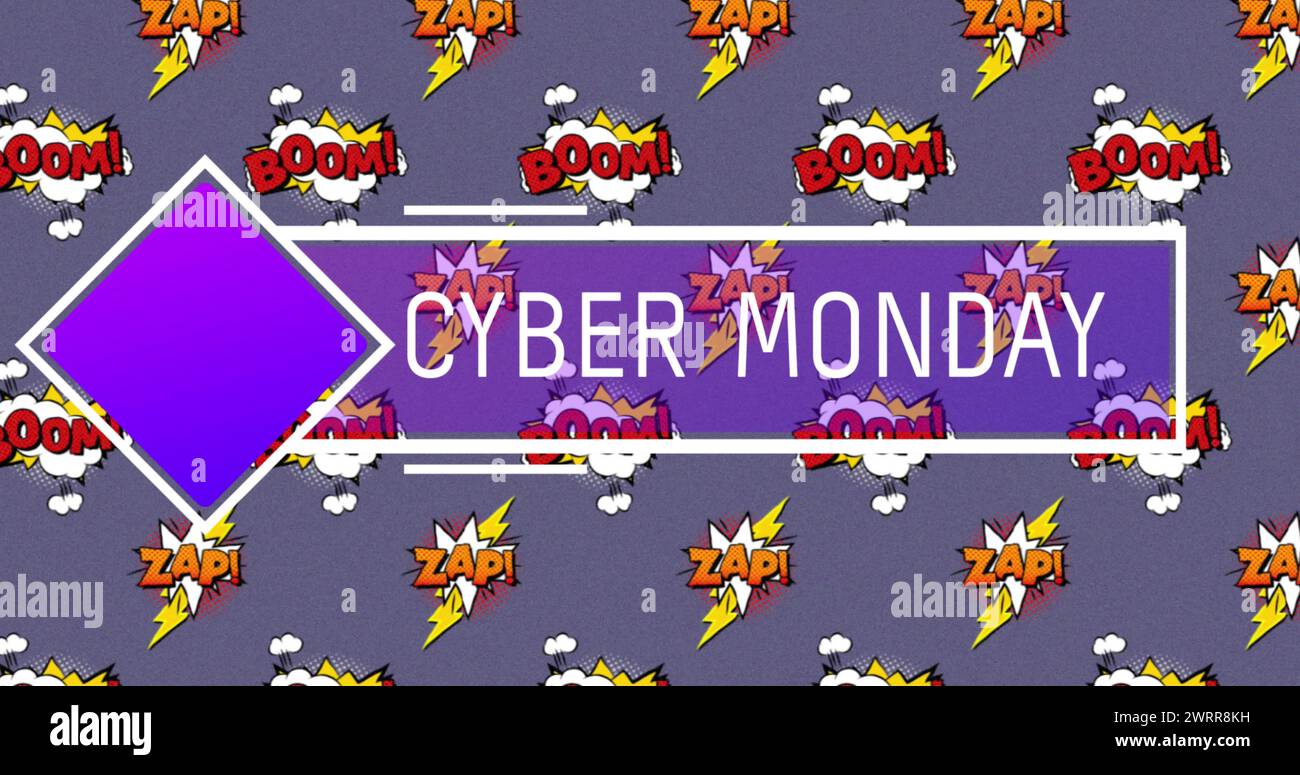 Cyber Monday promo with vintage comic theme on a purple background ...
