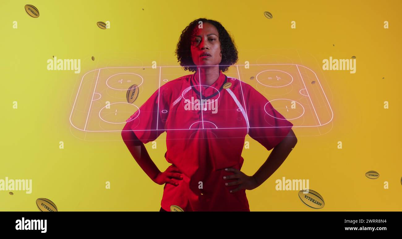 Image of rugby pitch and rugby balls over female rugby player on neon ...