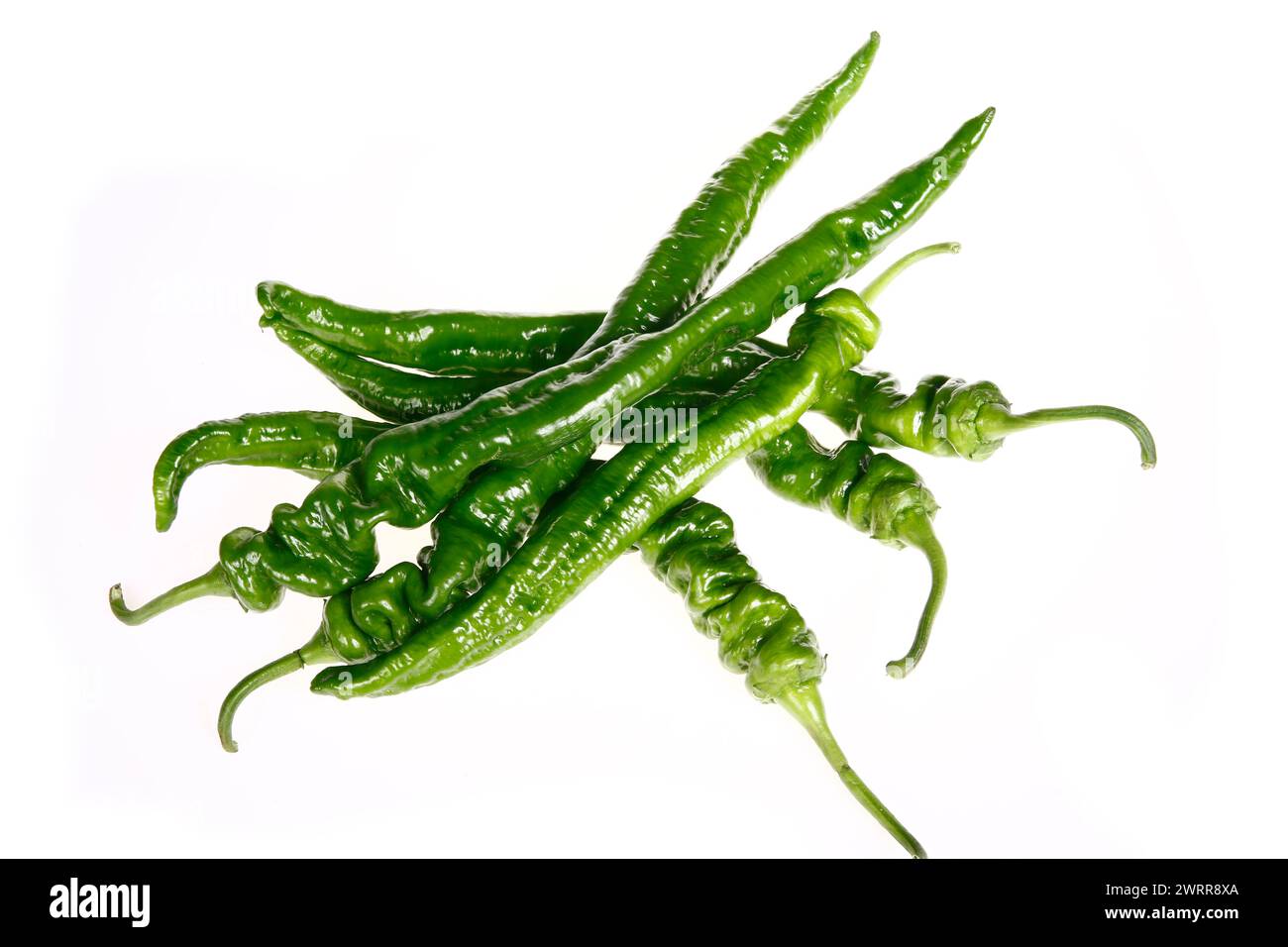 Fresh green chilies on white background Stock Photo - Alamy