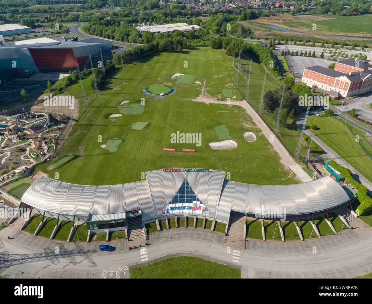 Aerial view American Golf driving range in Trafford City close to the ...