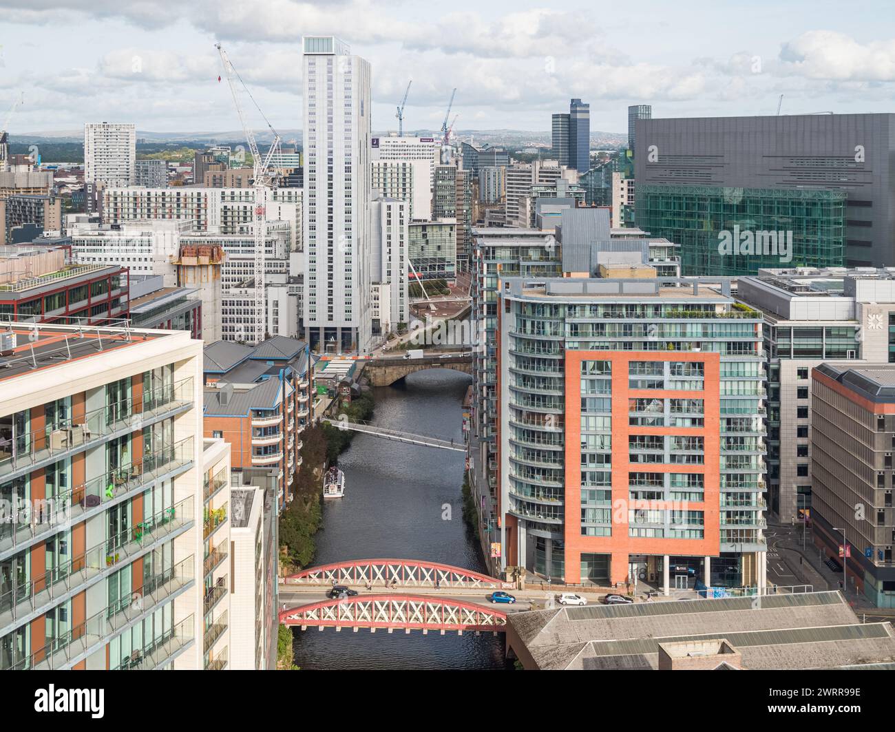 Aerial view down the River Irwell at the Manchester & Salford city ...