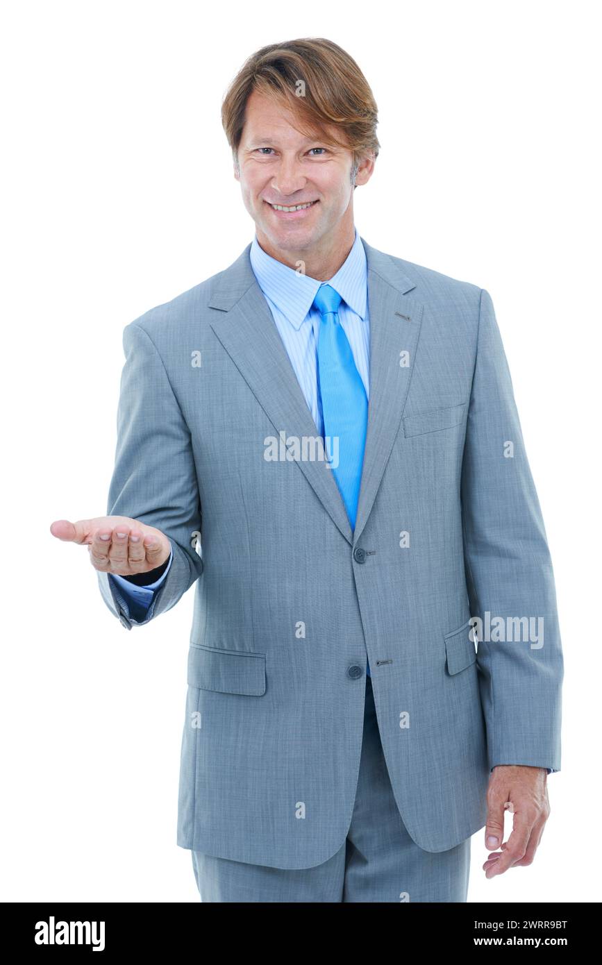 Happy, businessman and portrait with palm for advertising or marketing ...