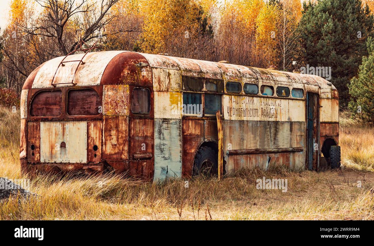 Abandoned trolleybus in the Kopachi village, Chornobyl Exclusion Zone ...