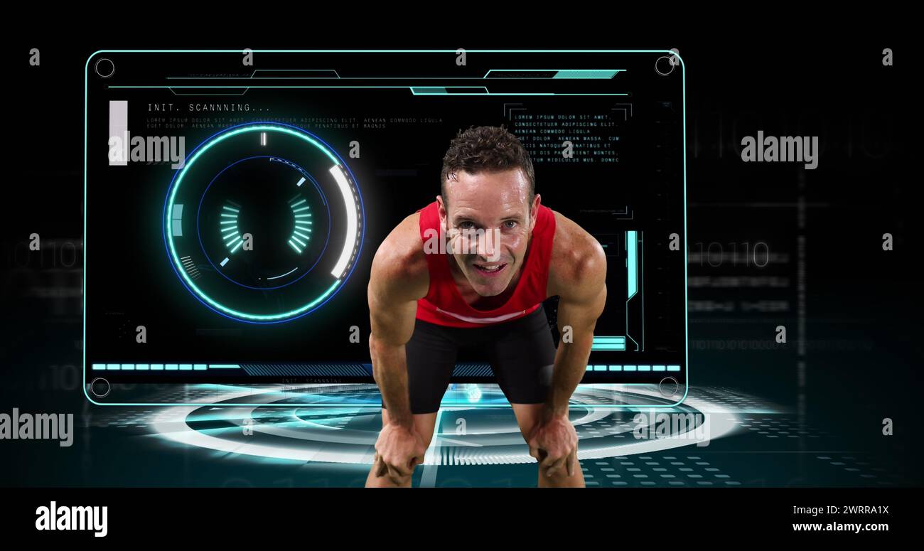 Image of male athlete breathing heavily with scope scanning and data processing Stock Photo - Alamy