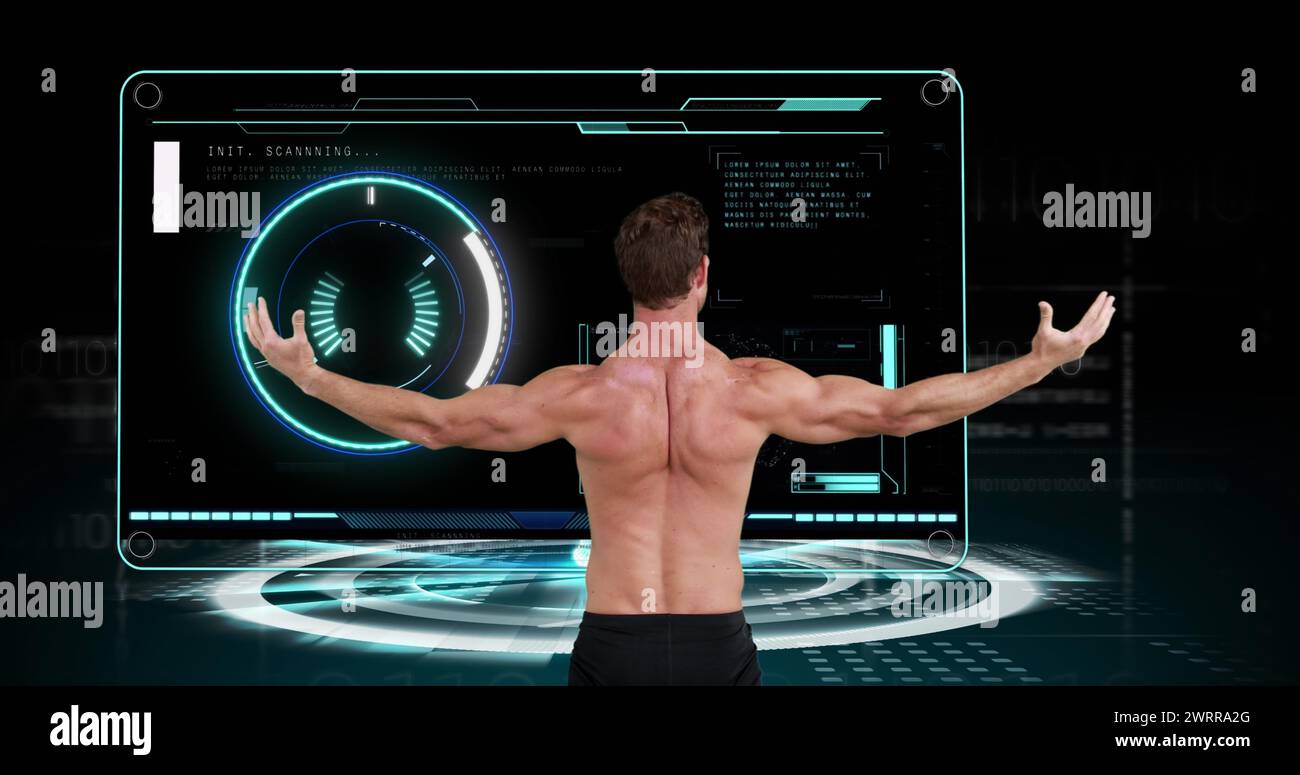 Image of strong muscular man with scope scanning and data processing ...