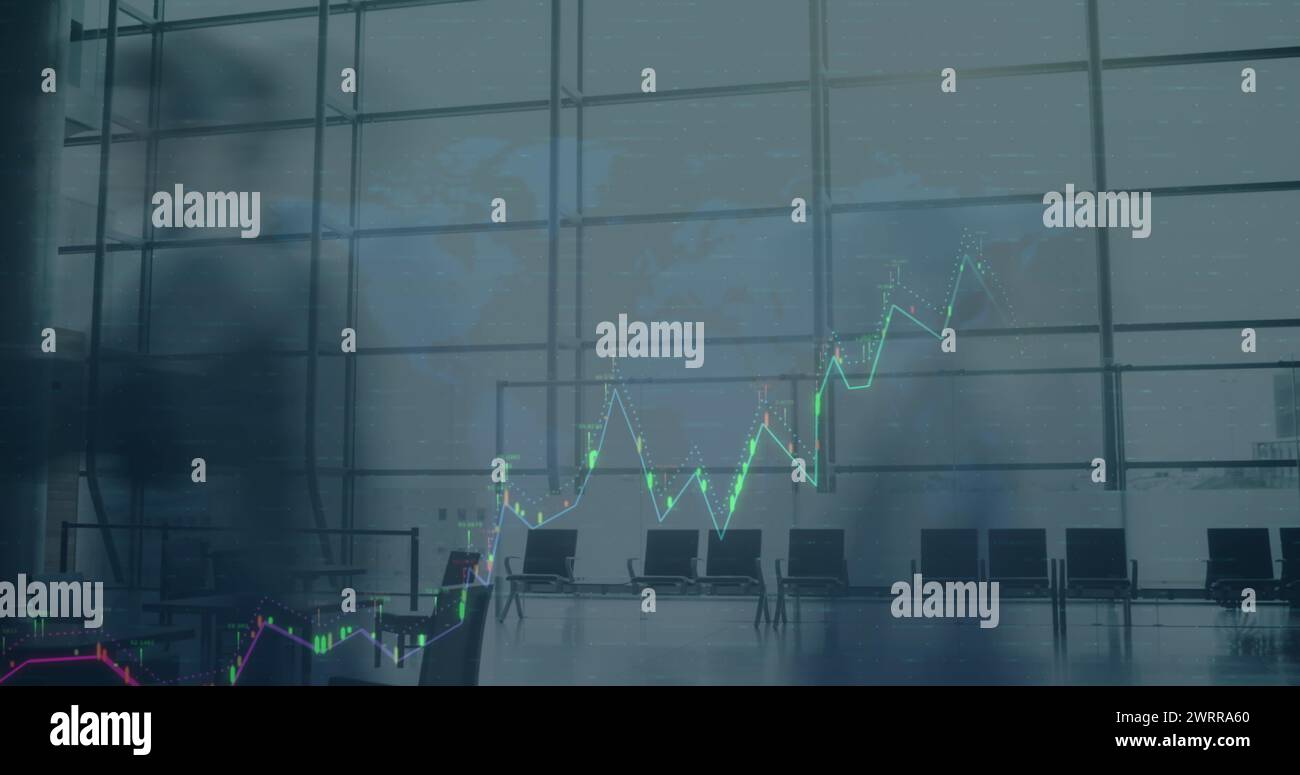 Statistical Data Processing Over World Map Against Time Lapse Of People Walking At Office Stock