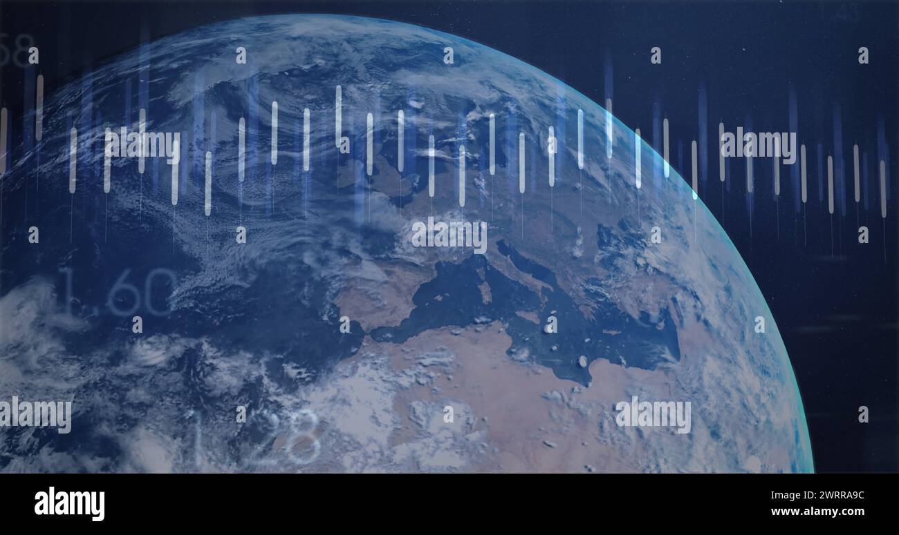 A digital representation of Earth is overlaid with fluctuating white ...