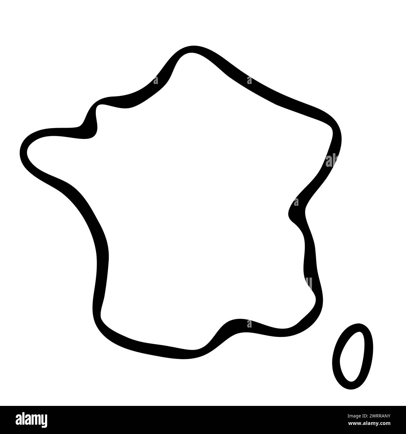 France country simplified map. Black ink smooth outline contour on ...