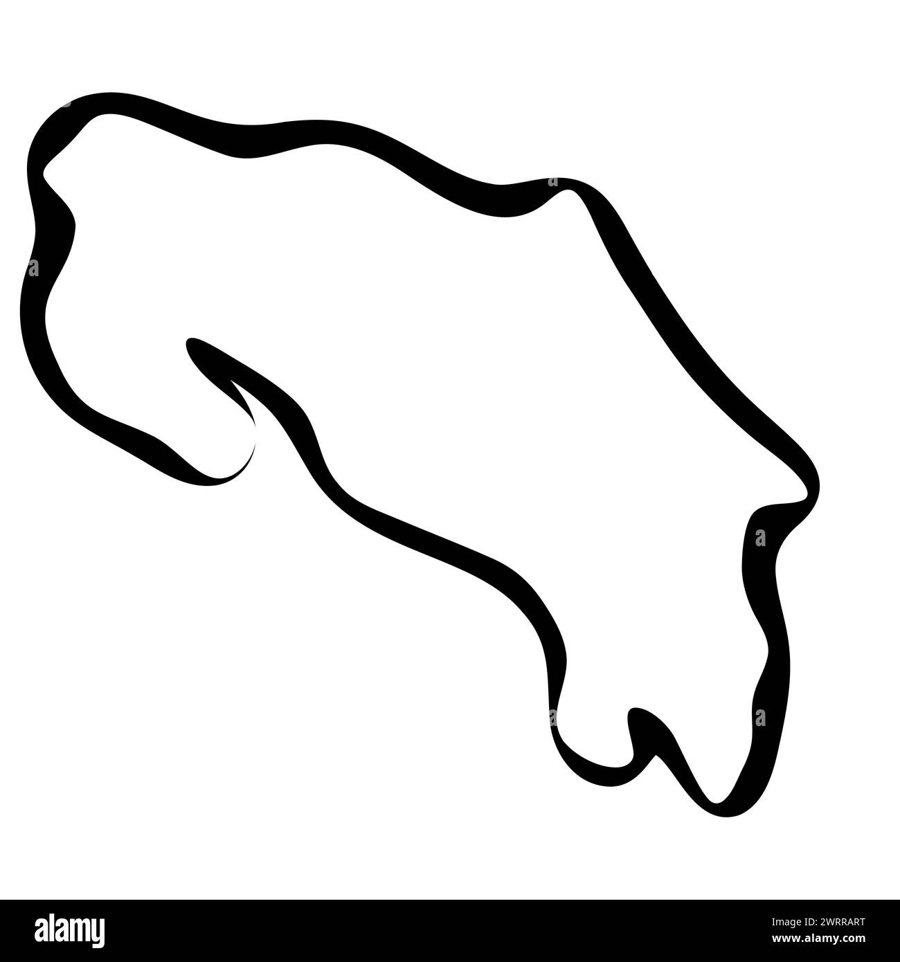 Costa Rica country simplified map. Black ink smooth outline contour on ...