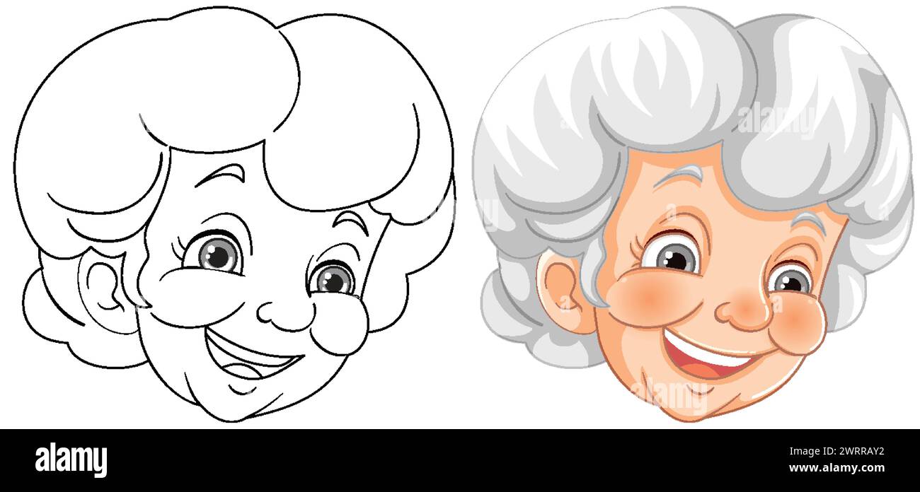 Black and white and colored granny faces side by side Stock Vector ...