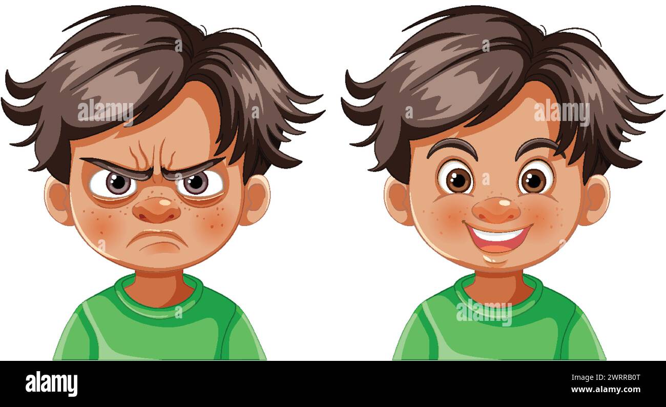 Vector illustration of contrasting emotions on boy's face Stock Vector ...