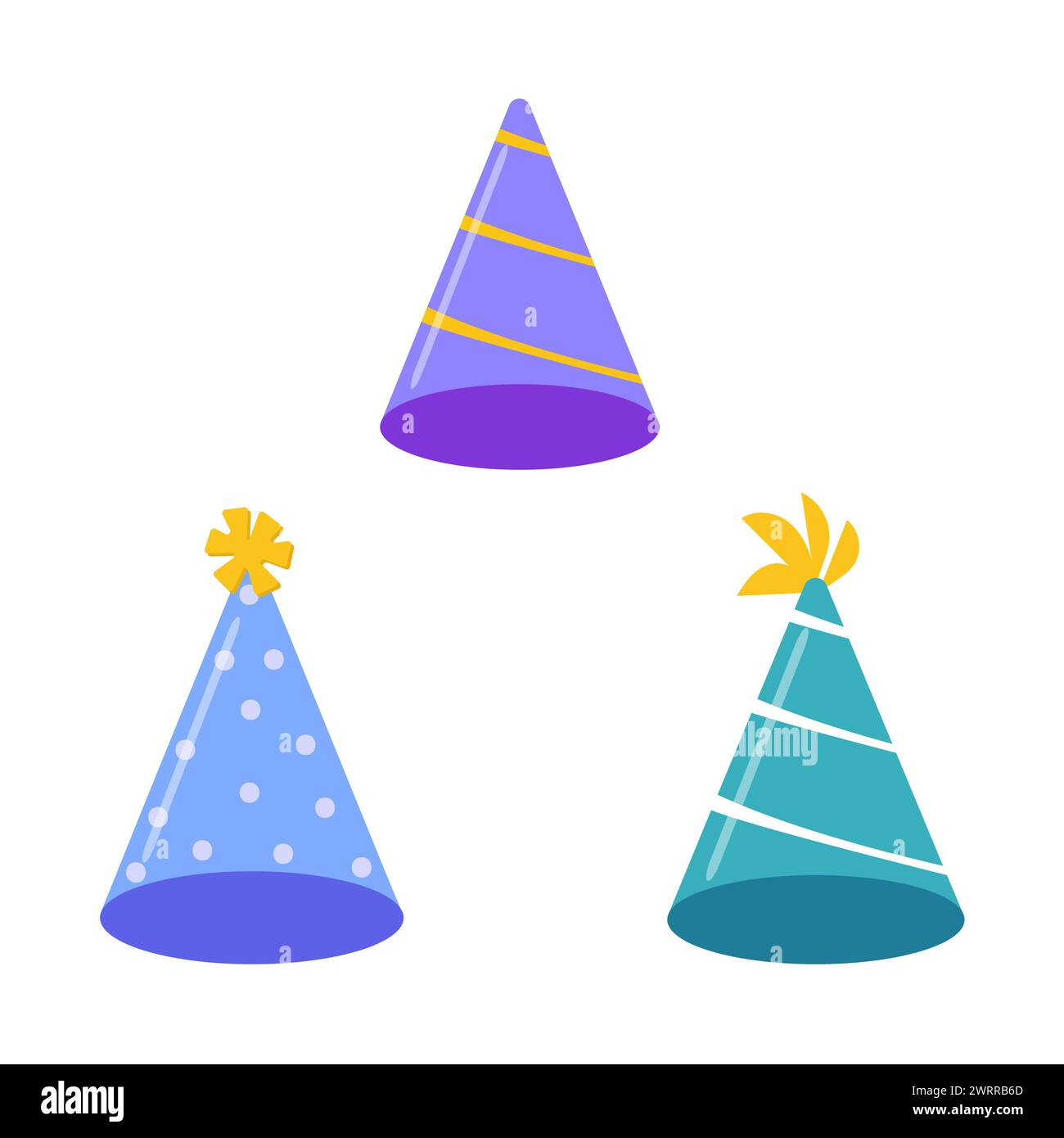 Set birthday hat. Cartoon cone party hat with colorful stripes and dots ...