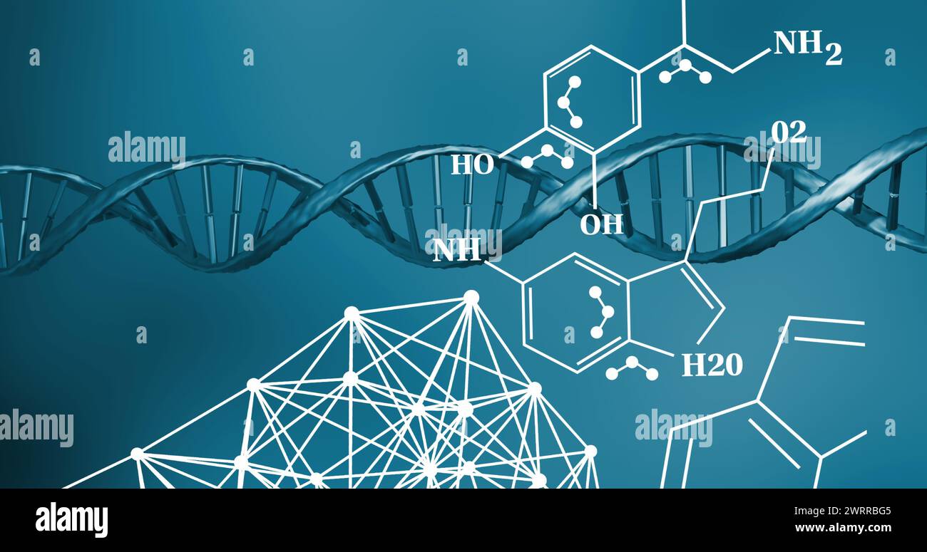 Image of chemical structures and data processing over dna strand spinning Stock Photo - Alamy