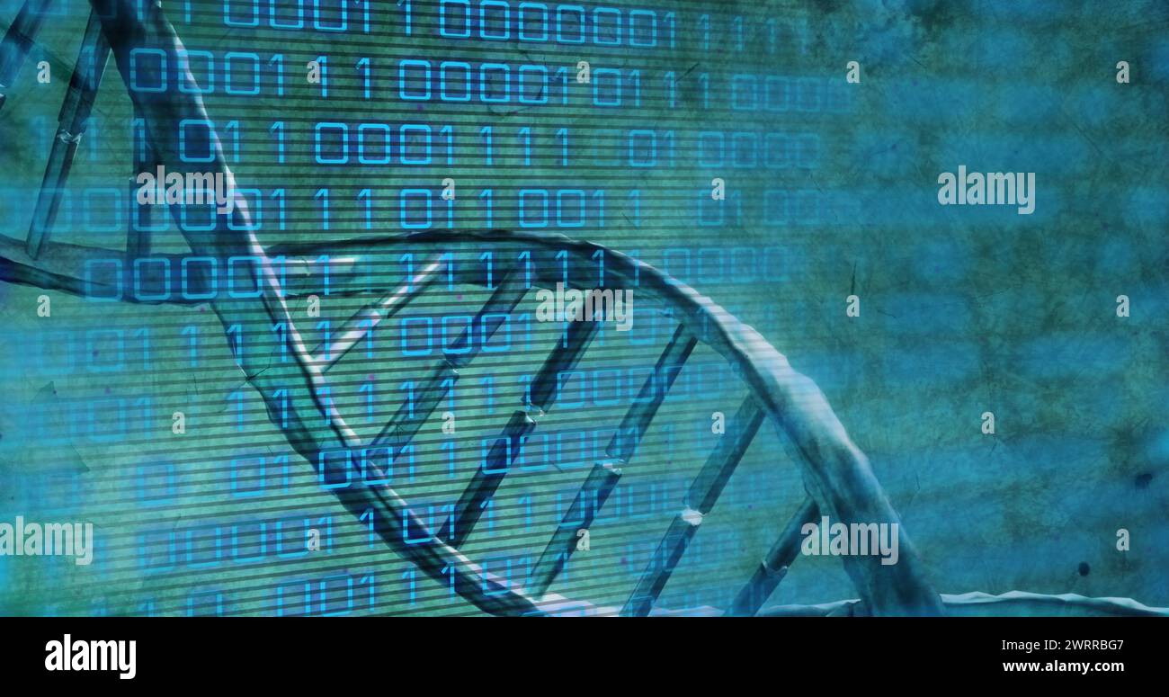 Image of dna rotating over binary code on green background. Science ...