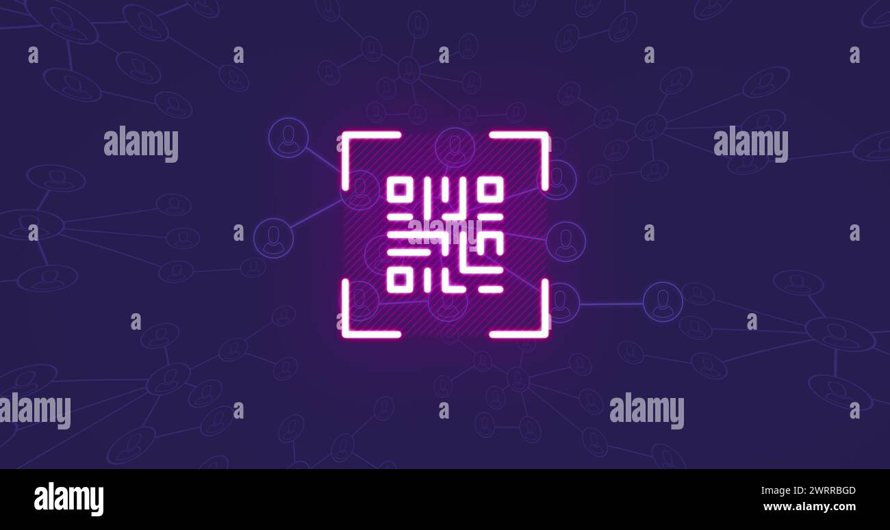 Image of neon qr code and connections on violet background Stock Photo ...