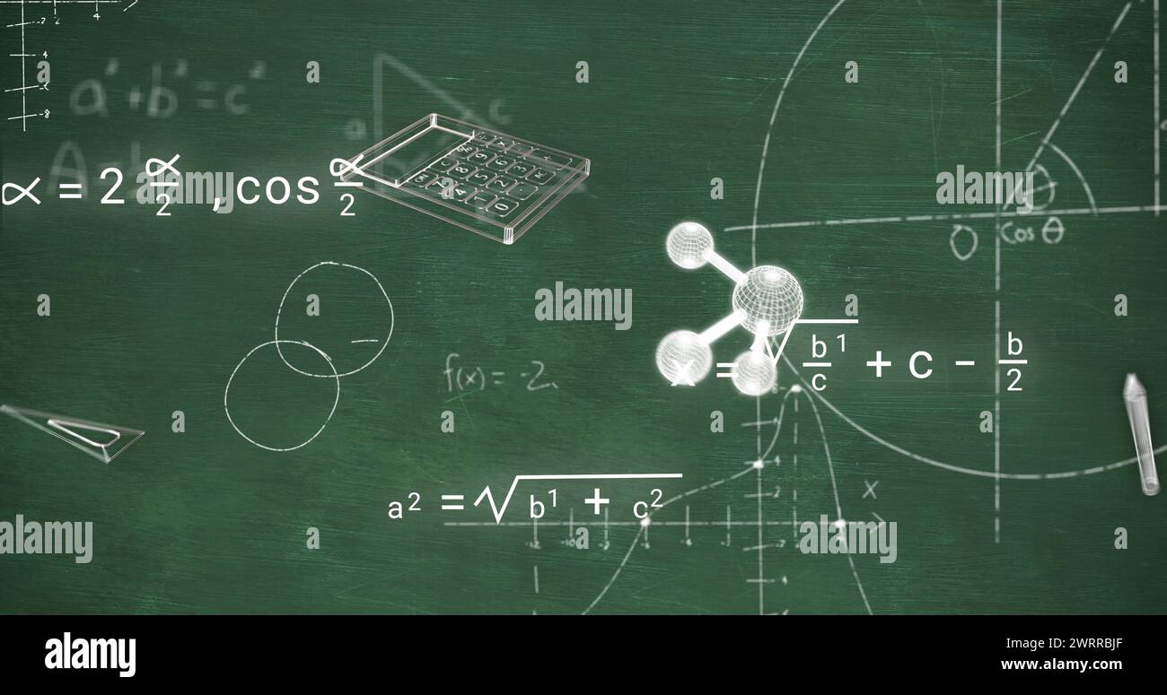 Image of icons over mathematical equations on green background Stock ...