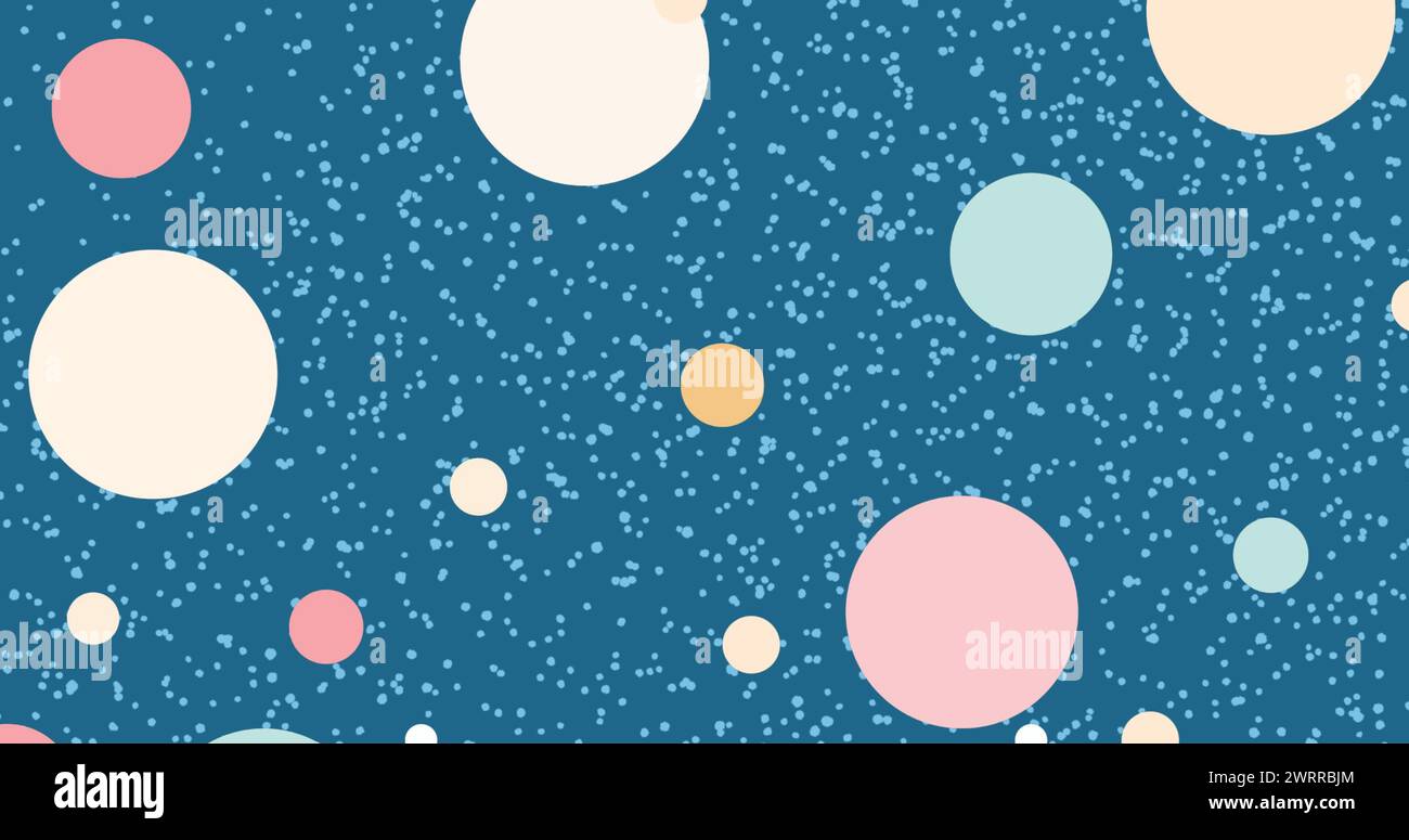 Image of pastel coloured circles and blue particles moving on blue ...