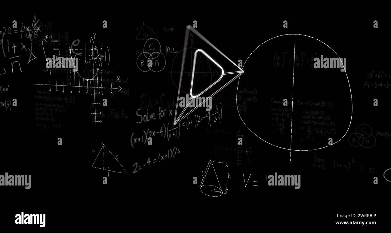 Image of set square icon over mathematical equations on black ...