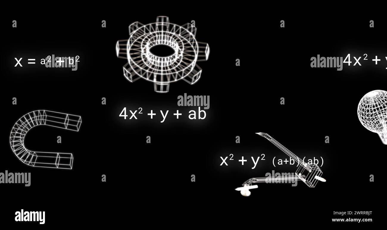 Image of icons over mathematical equations on black background Stock ...
