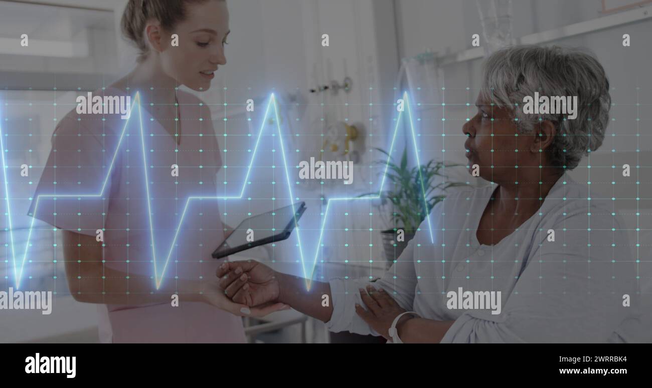 Image of data processing over caucasian female doctor with female ...