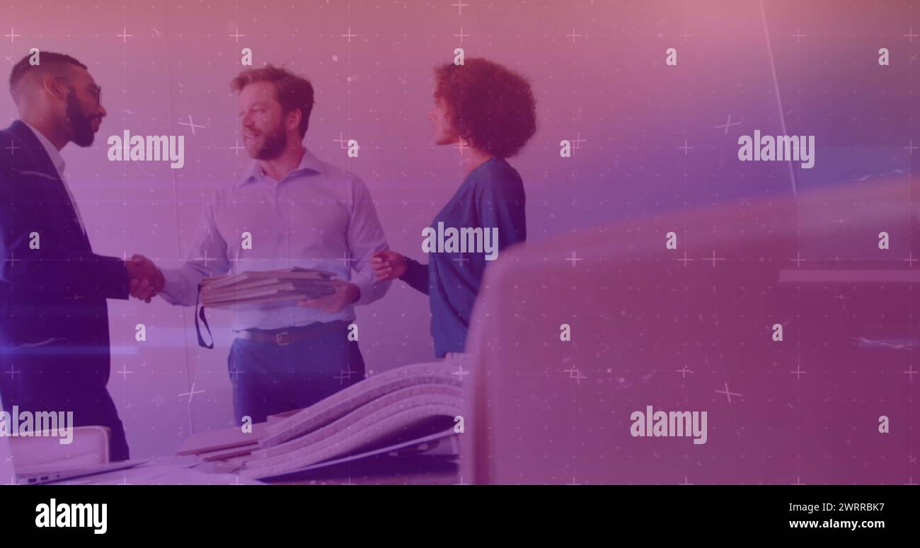 Image of businessmen and businesswoman shaking hands over flickering ...