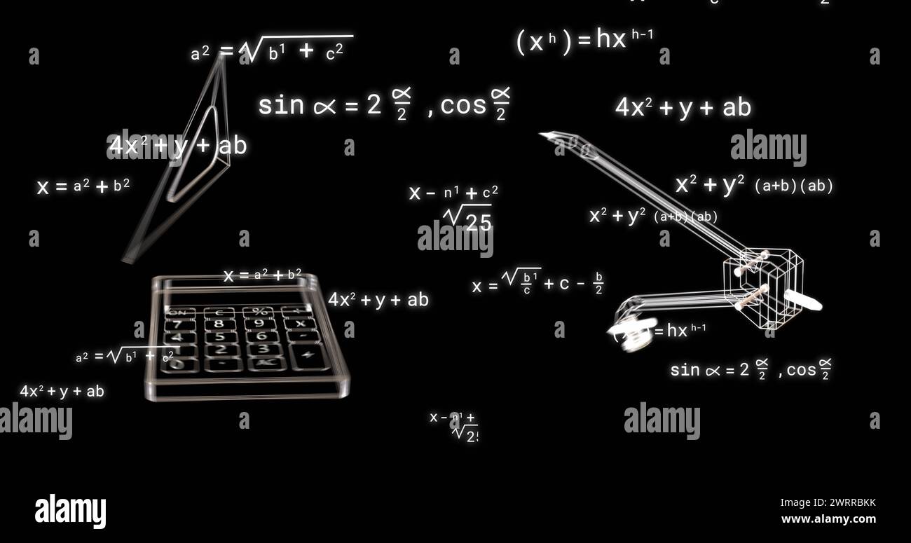 Image of school icons over mathematical equations on black background ...