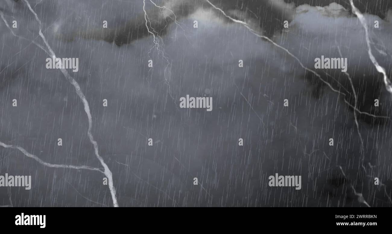 Image of bolts of lightning over rain and grey cloudy sky, black and ...