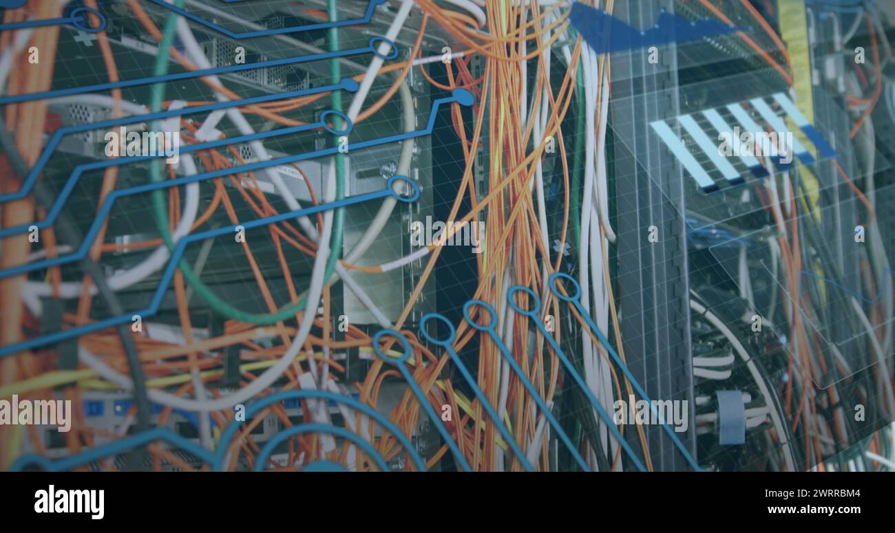Image of interface with data processing and round scanner over close up of a computer server ...