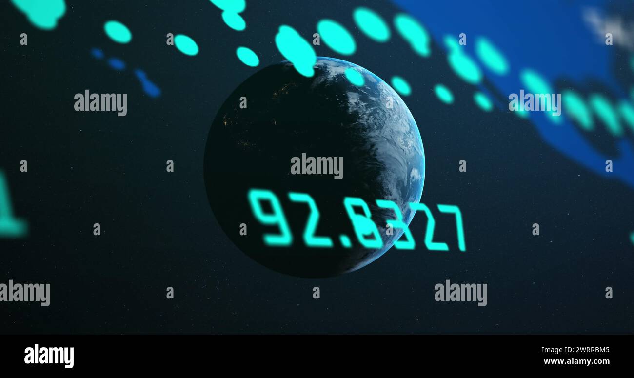 A digital globe displays the number 92.827 against a data backdrop ...