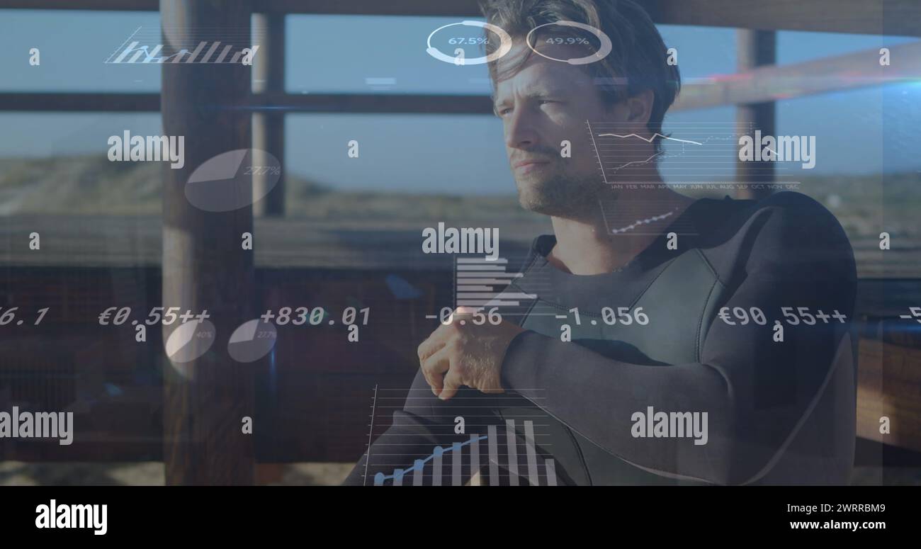 Image of digital data processing over caucasian surfer Stock Photo - Alamy