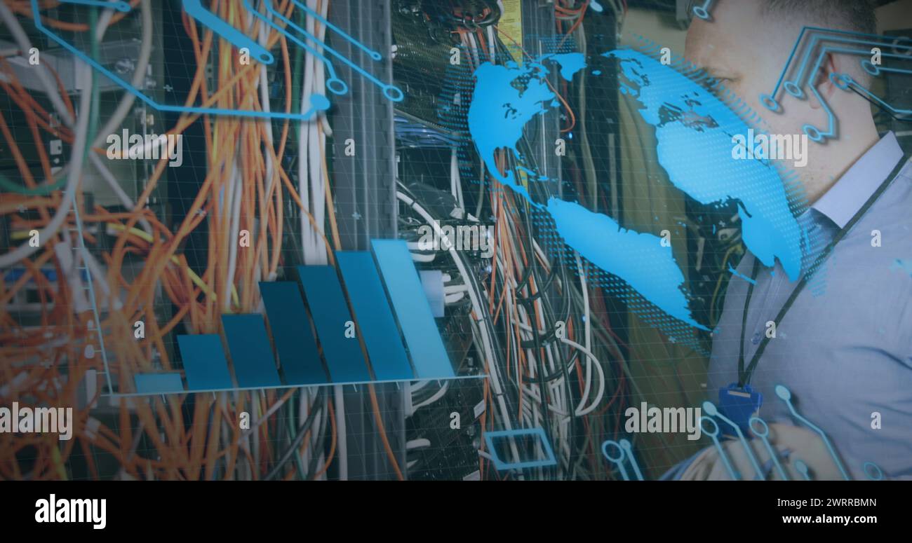 Image Of Interface With Data Processing Over Caucasian Male Engineer Working At Server Room