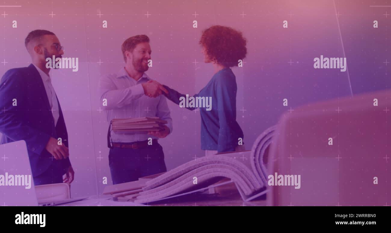 Image of businessmen and businesswoman shaking hands over flickering ...