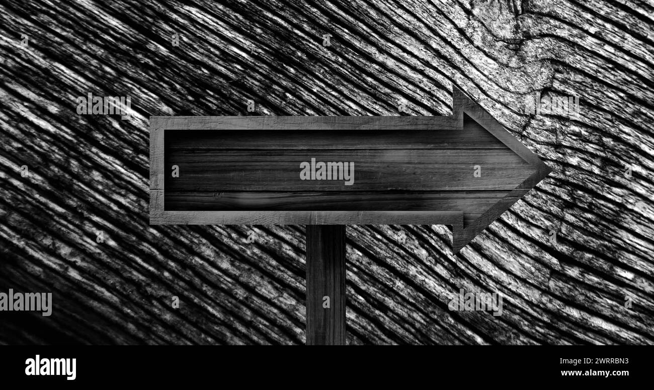 Image of wooden arrow sign over changing wood grain pattern, black and ...