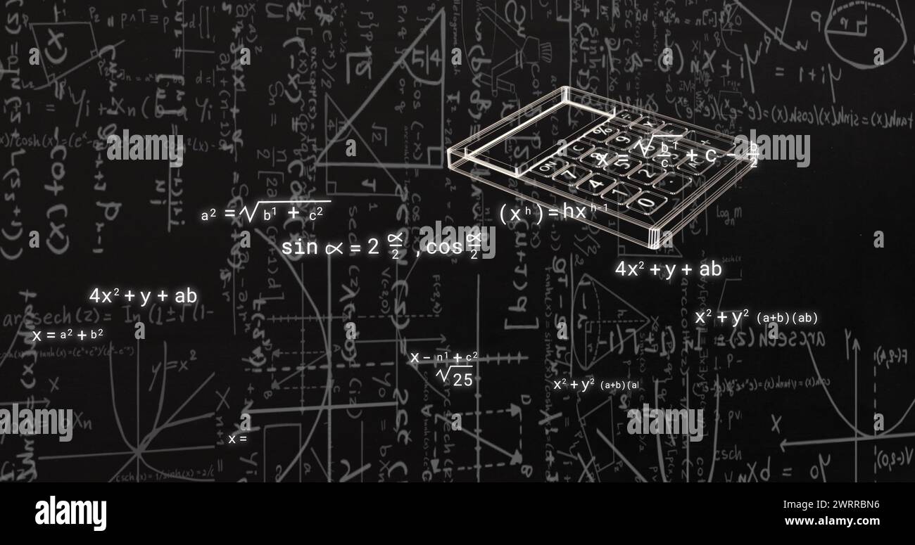Image of school icons over mathematical equations on black background ...