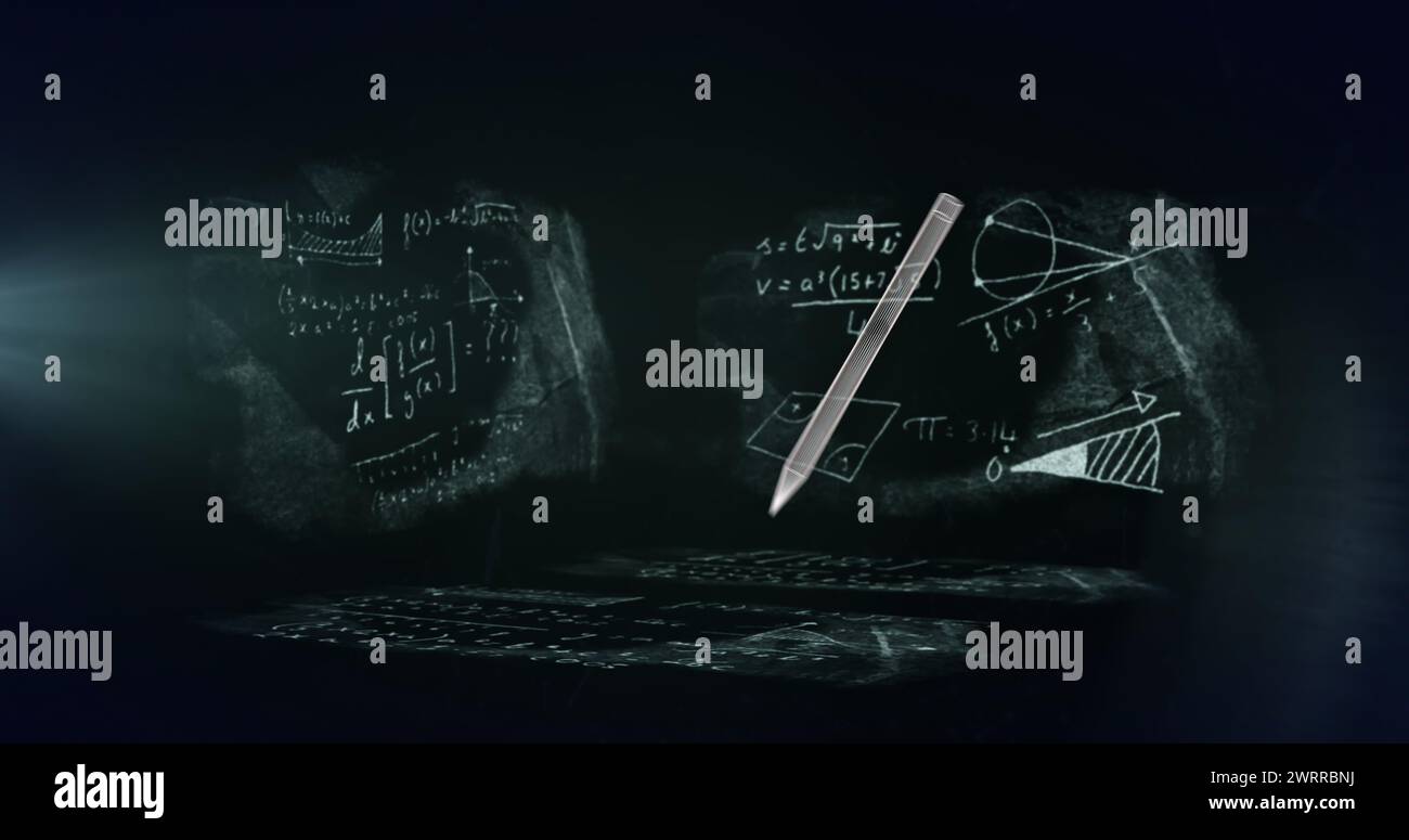 Image of school icons over mathematical equations on black background ...