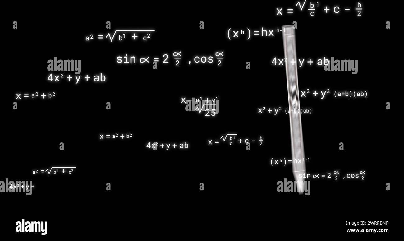 Image of school icons over mathematical equations on black background ...