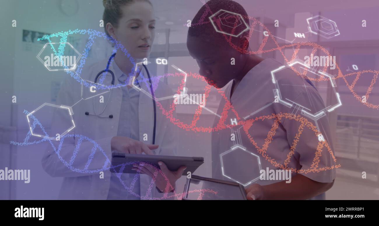 Image of dna and data processing over diverse doctors in hospital Stock ...