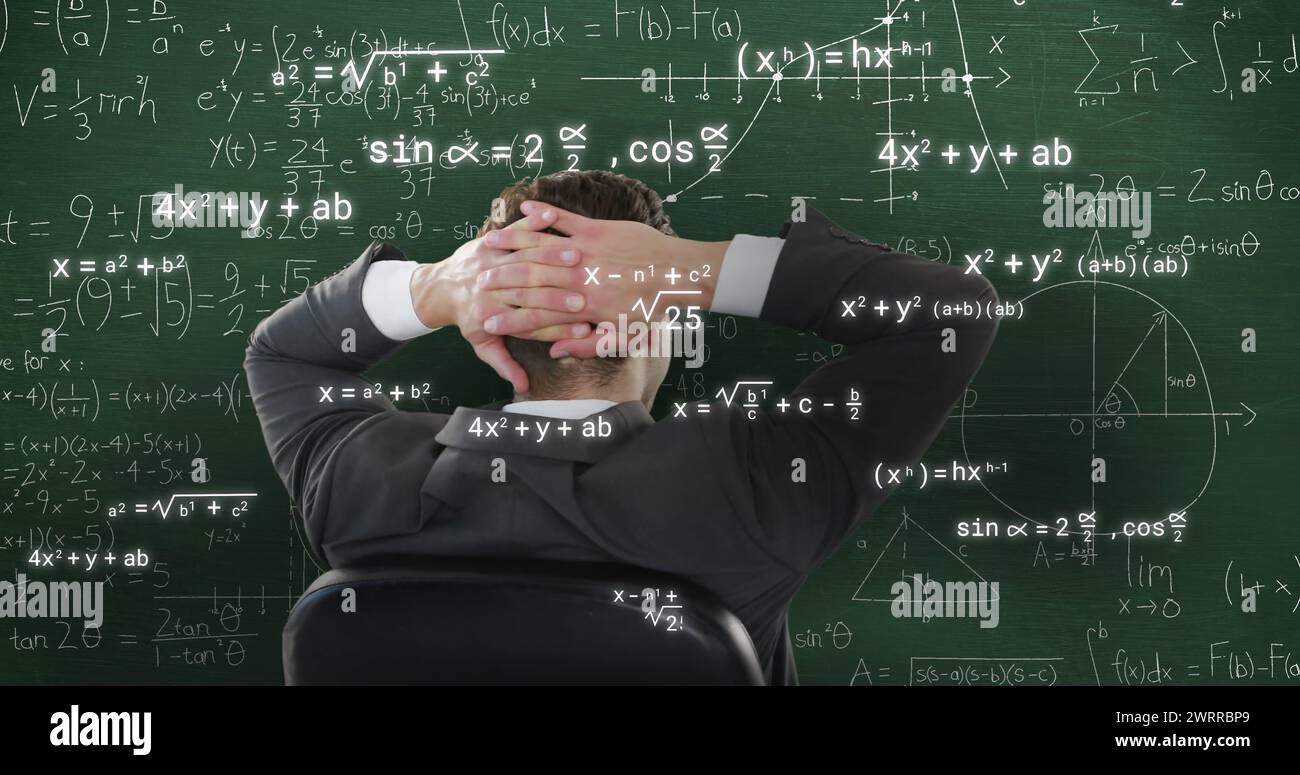 Image of icons and mathematical equations over caucasian businessman on ...