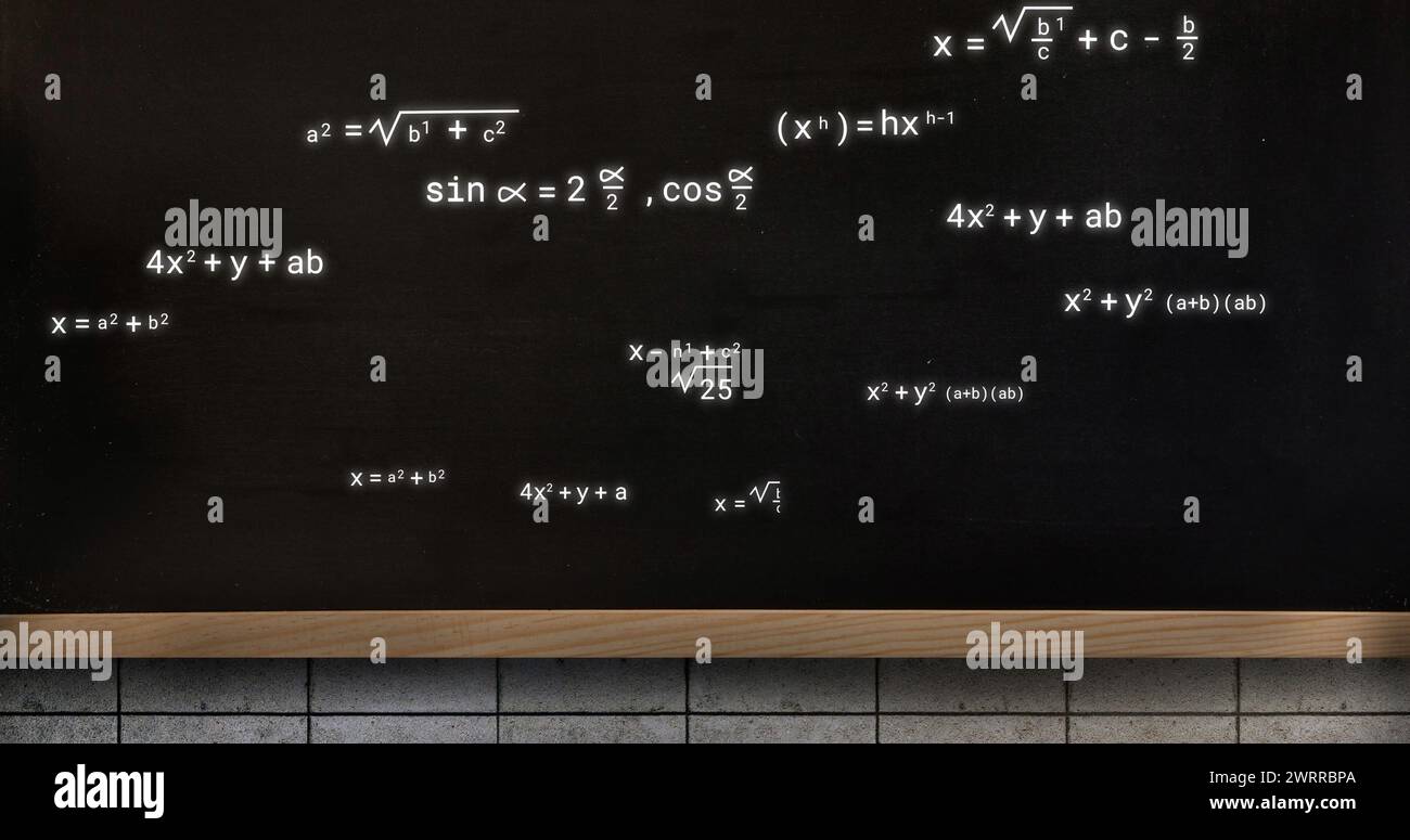 Image of mathematical equations over black board Stock Photo - Alamy