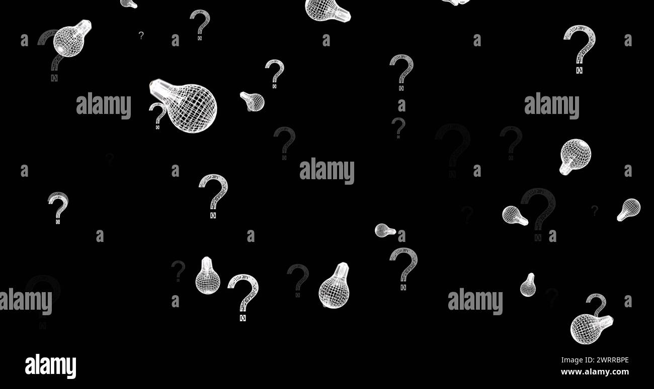 Image of light bulb icons and question marks on black background Stock ...