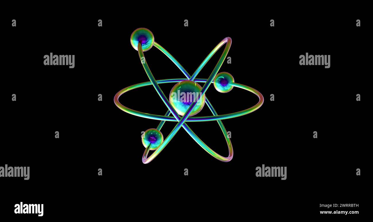 Image of atom model spinning on black background. Global science, research, connections ...