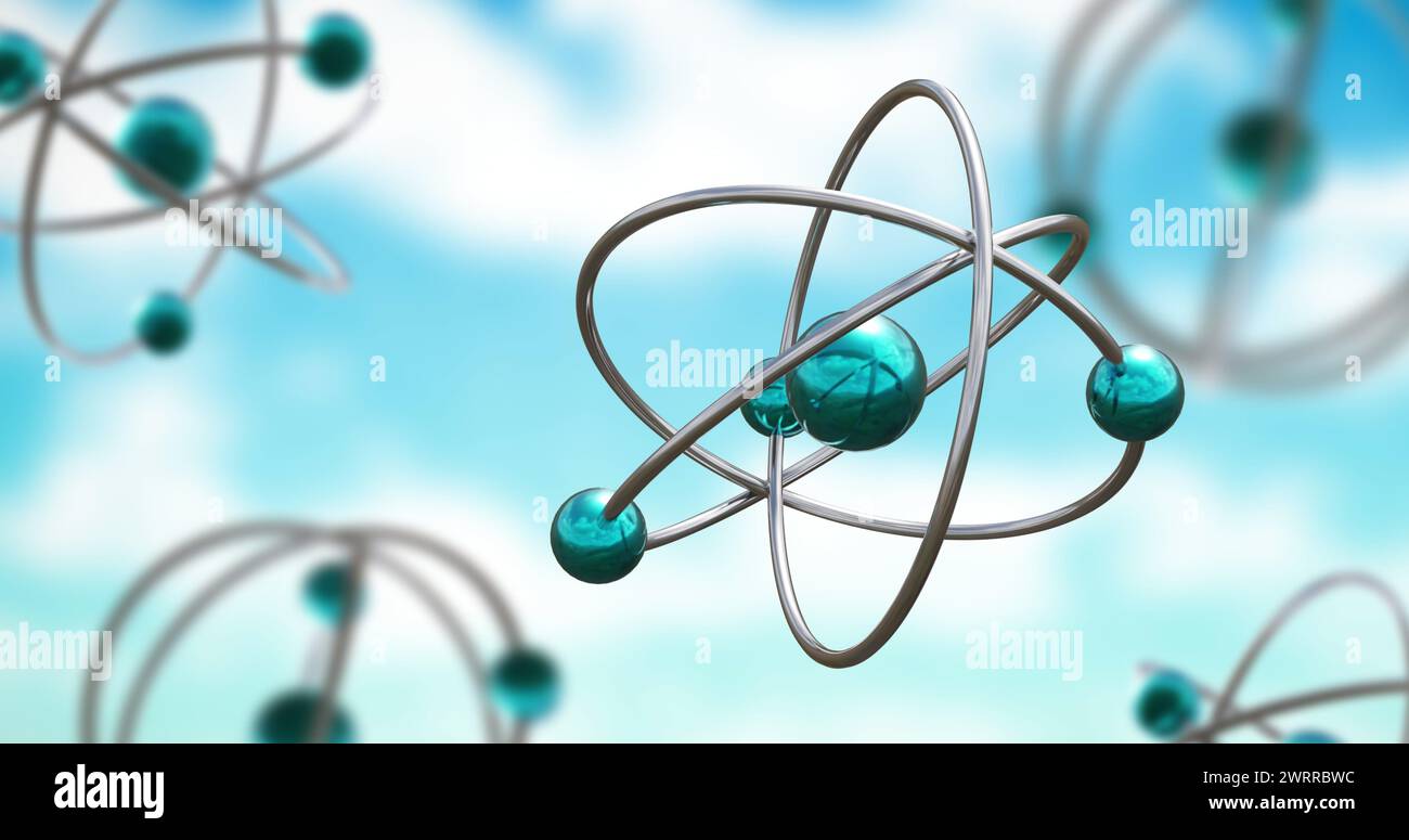 Image of atom models spinning on blue background Stock Photo - Alamy