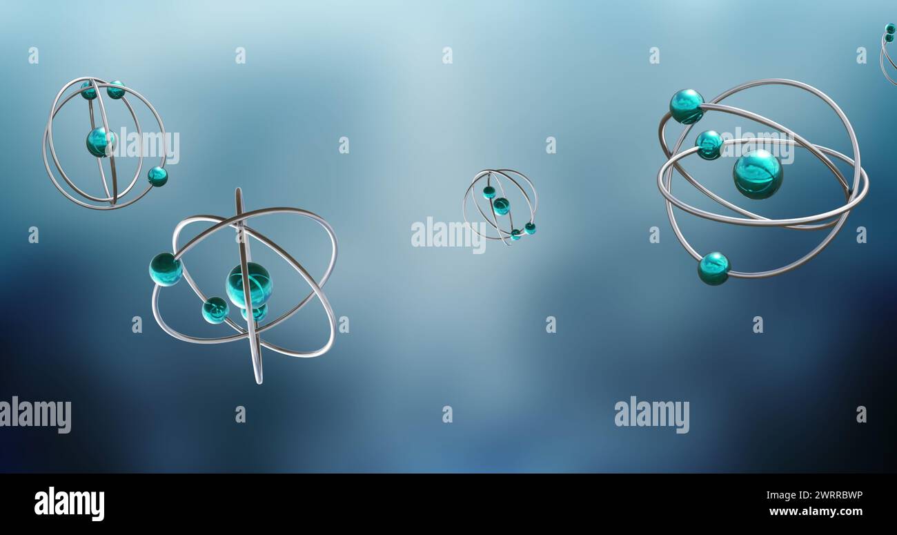 Image of atom models spinning on blue background Stock Photo - Alamy