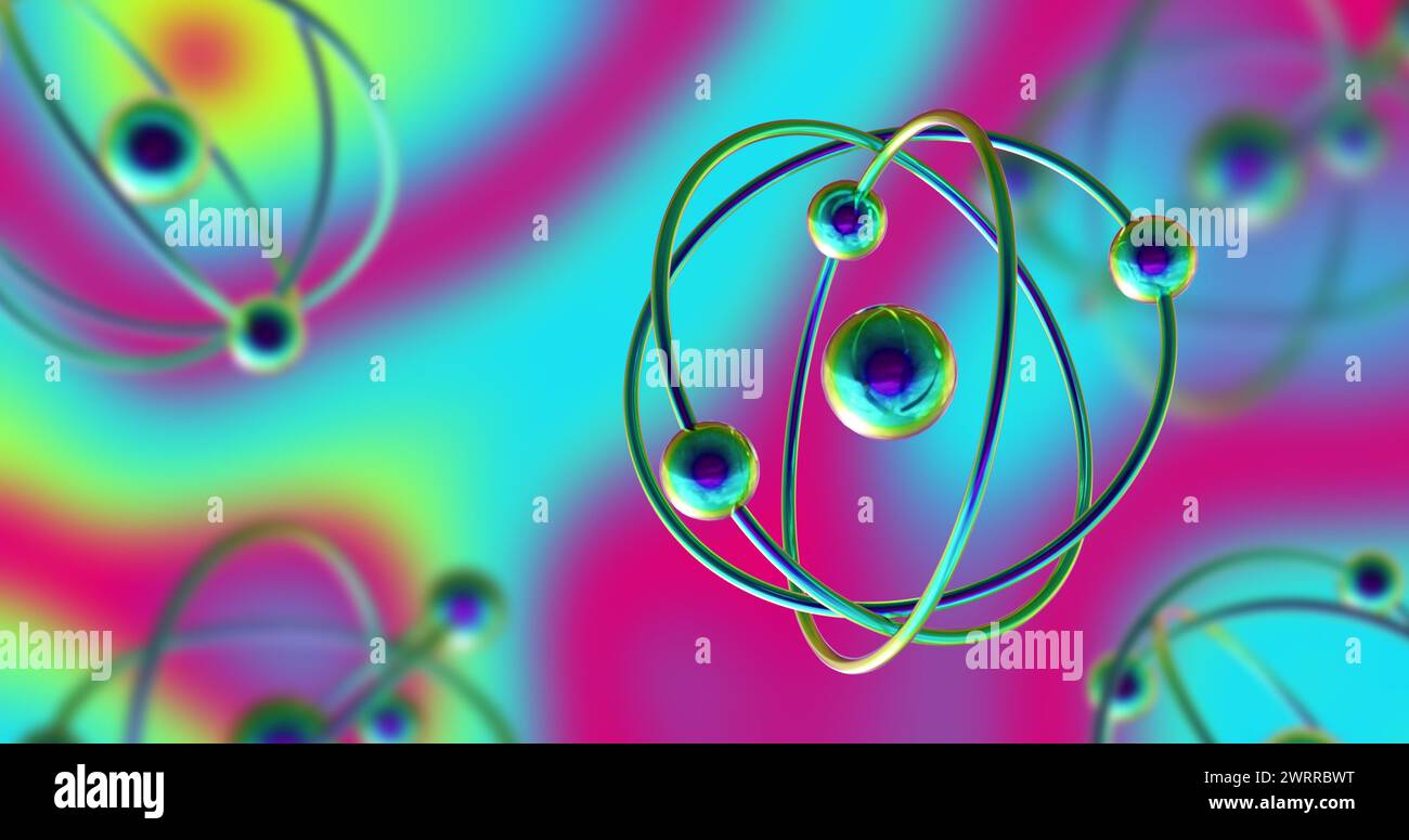 Image of atom models spinning over multicoloured vibrant background ...