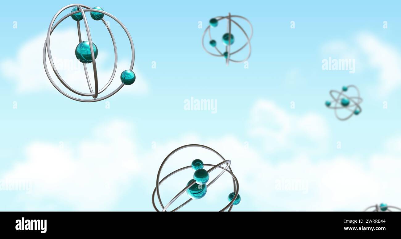 Image of atom models spinning on clouds on blue background Stock Photo ...