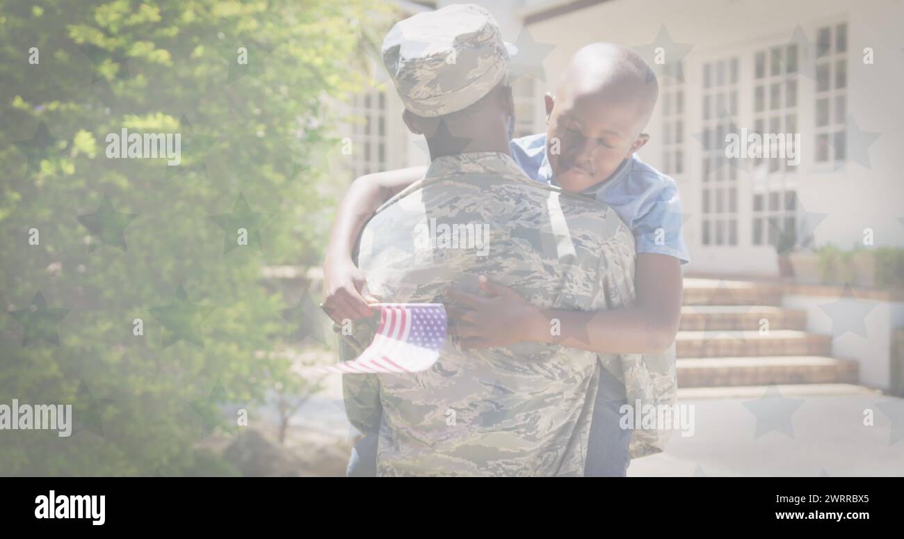 Image of flag of usa waving over african american soldier and his son ...