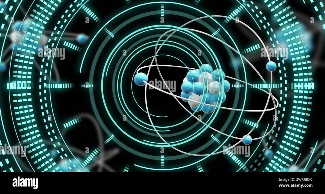 Image of atom model spinning and data processing on black background ...