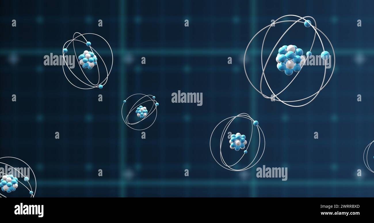Image of atom models spinning and data processing on black background ...