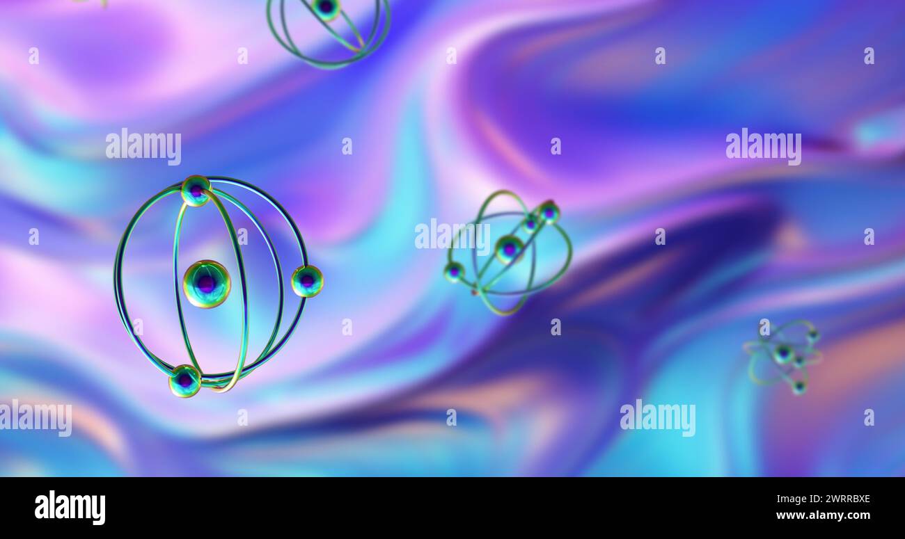 Image of atom models spinning over multicoloured vibrant background ...